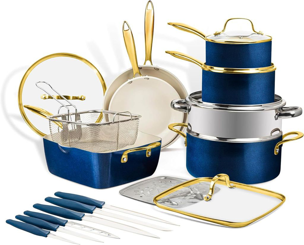 Gotham Steel Navy 20 Piece Ultra Nonstick Ceramic Cookware Set With Knutriblade Knives & Reviews ...